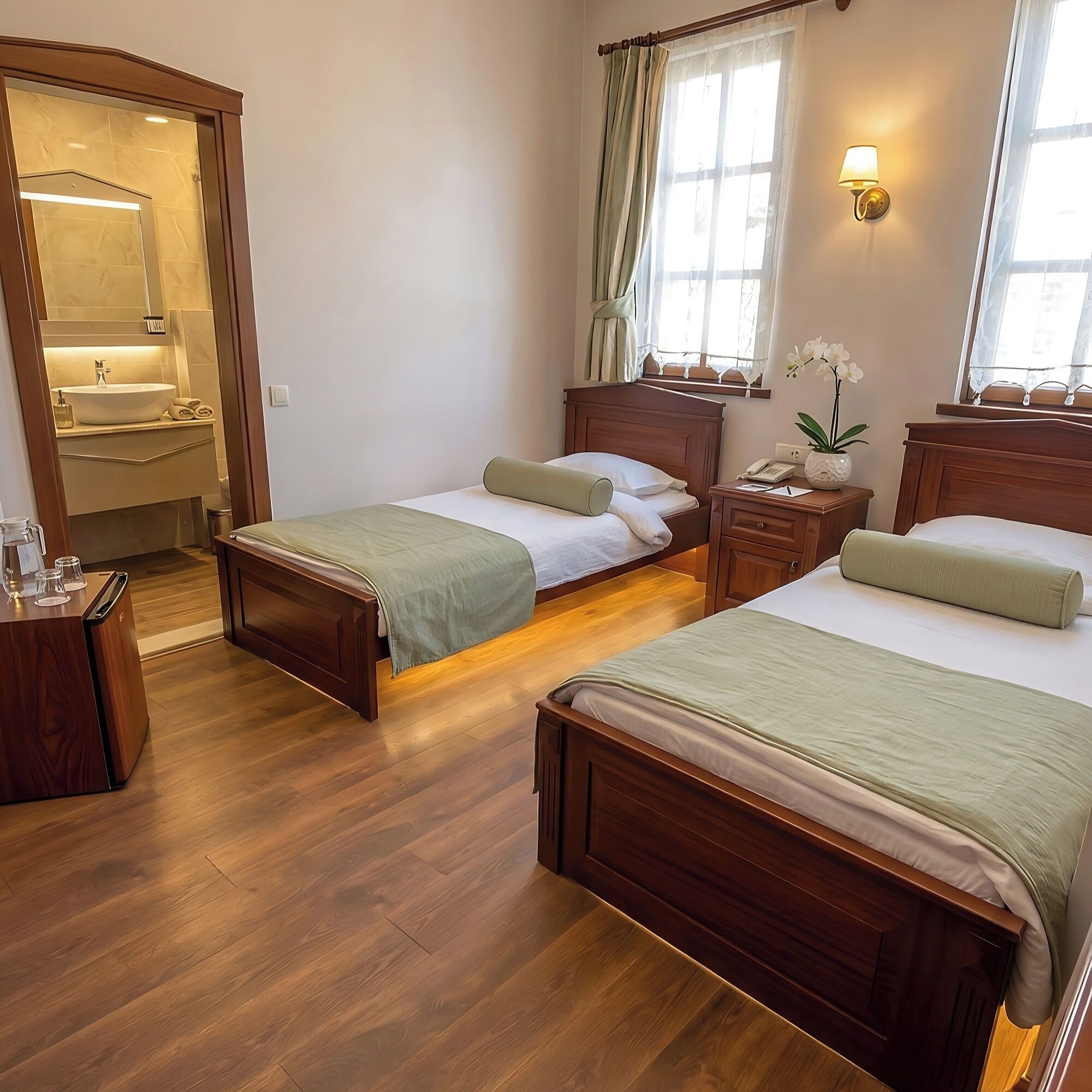 Quarto de hotel com duas camas, piso de madeira, banheiro com espelho e pia, e janela com cortinas.