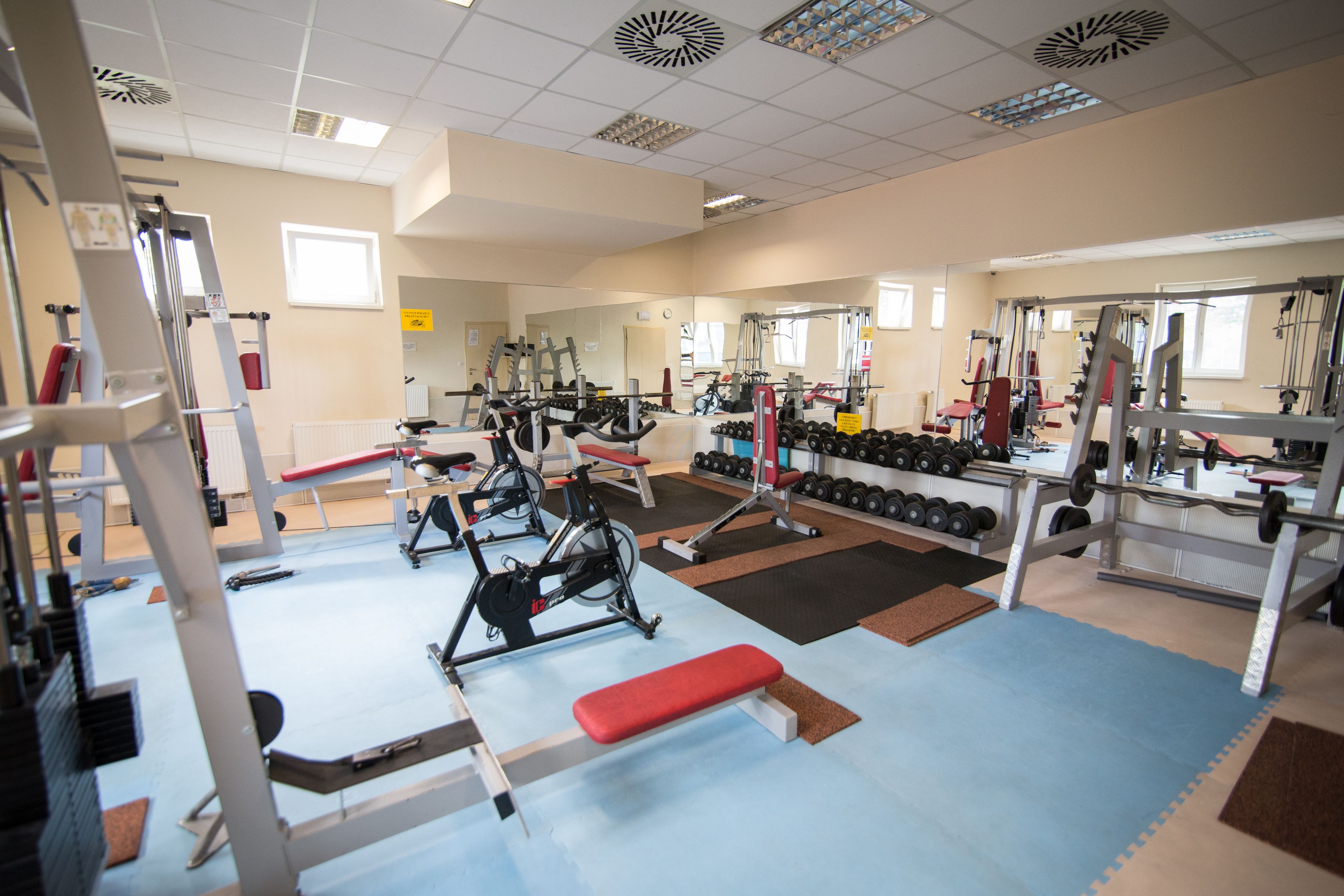 Uma academia com diversos equipamentos de exercício, espelhos e halteres.
