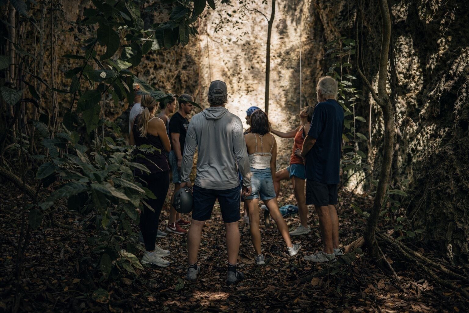 Um grupo de pessoas em uma área arborizada com vegetação densa e árvores.