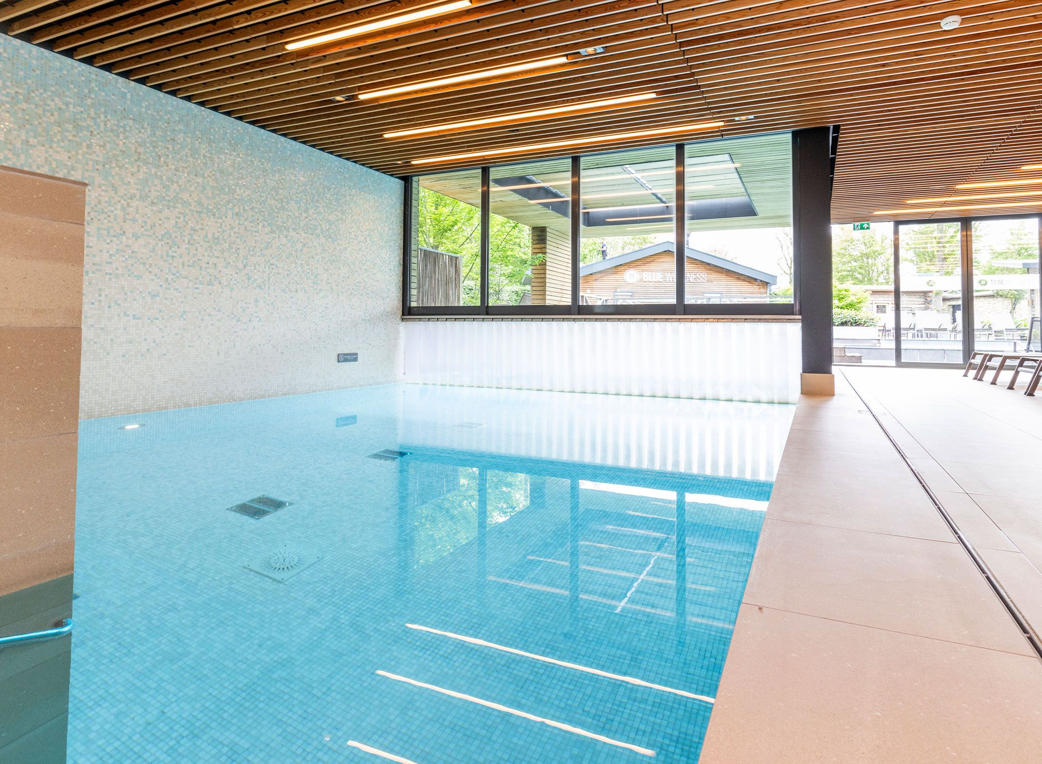Piscina interna com água cristalina, teto de madeira e grandes janelas.