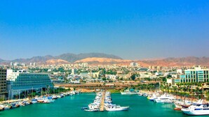 Uma marina com vários barcos atracados, uma paisagem urbana ao fundo e montanhas.