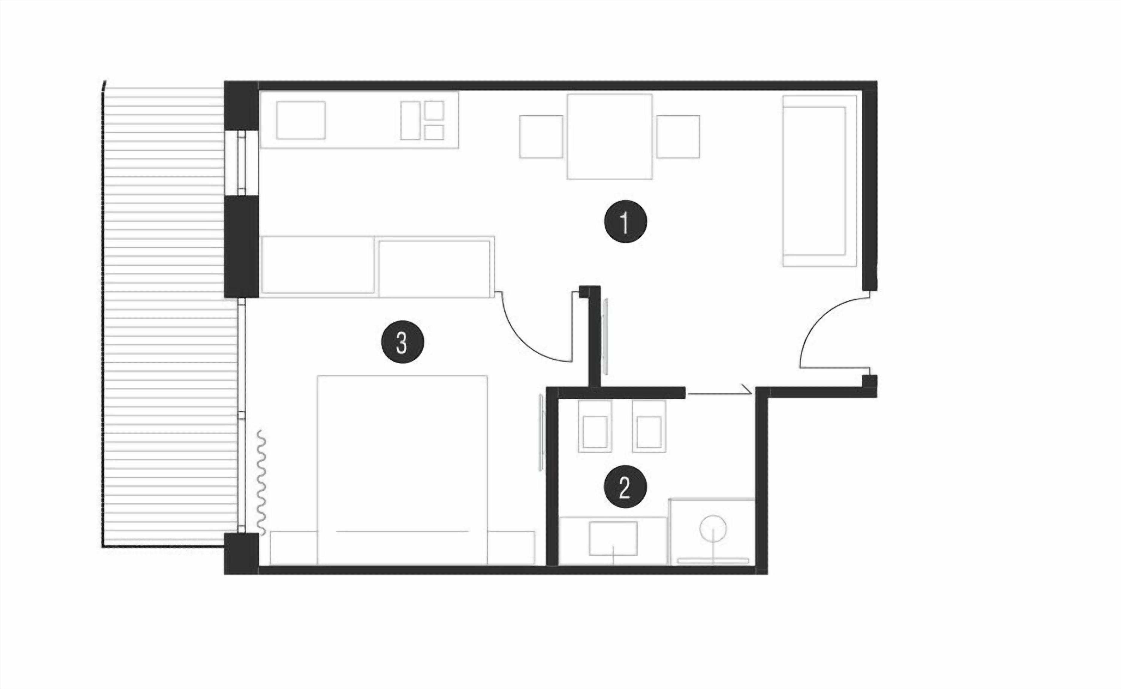 Planta baixa mostrando três divisões identificadas, uma cozinha e um banheiro.