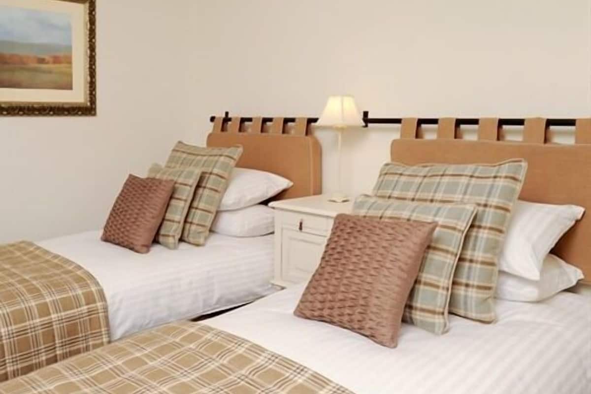 Quarto de hotel com duas camas, cada uma com roupa de cama e almofadas xadrez. Há uma mesa de cabeceira com luminária entre as camas.