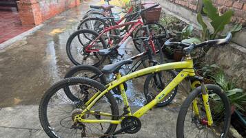 Várias bicicletas estacionadas em área coberta com parede de tijolos e plantas em vasos.