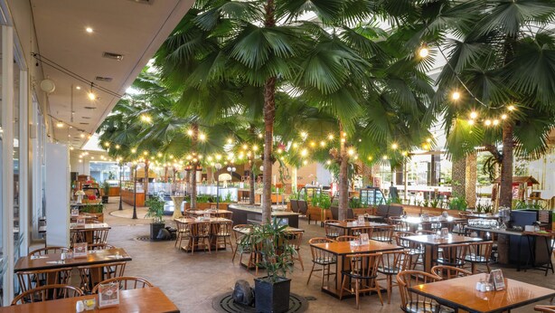 Restaurante com mesas e cadeiras de madeira, rodeado por palmeiras e luzes de corda.