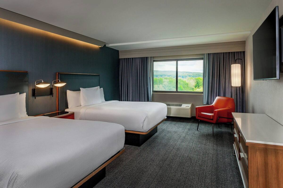 Quarto de hotel com duas camas, uma escrivaninha, uma cadeira, televisão e janela com vista para o verde.