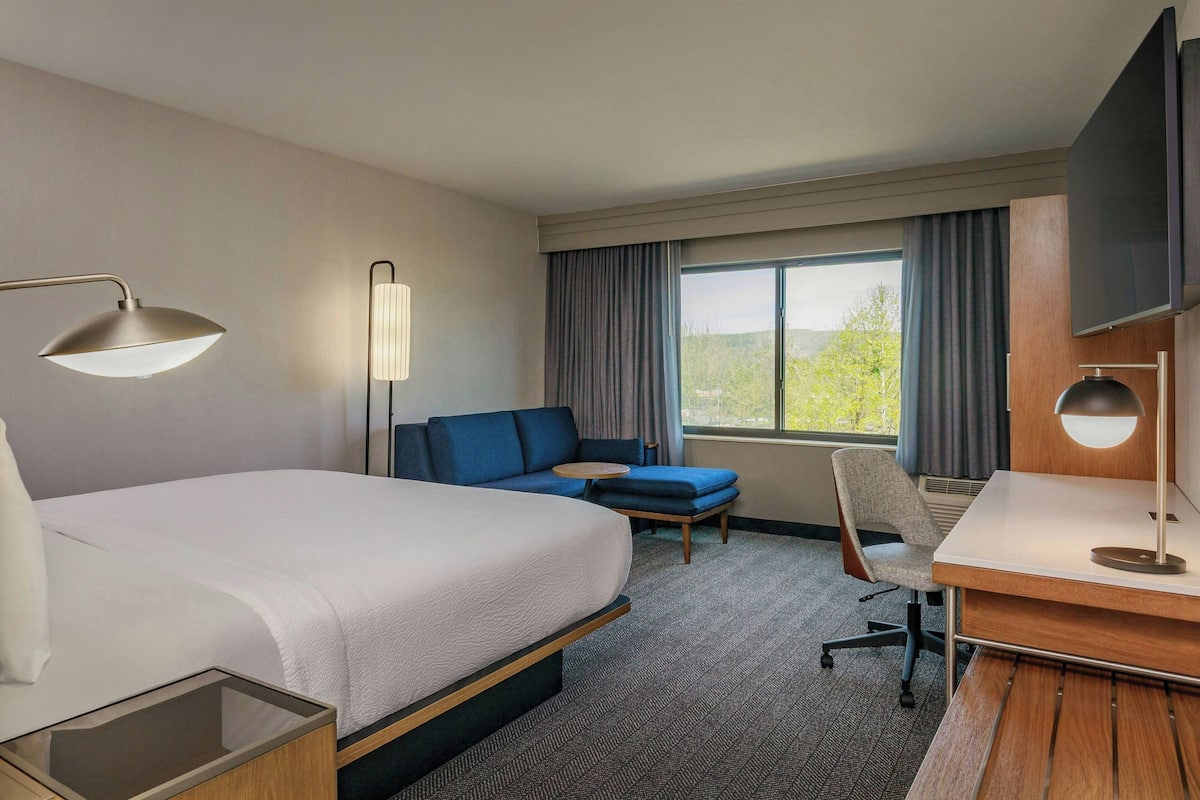 Quarto de hotel com cama, escrivaninha, cadeira, sofá, televisão e janela com cortinas.