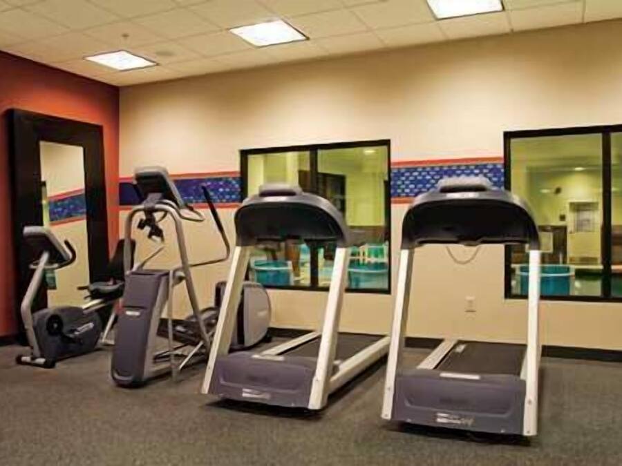 Uma sala de fitness com esteiras e equipamentos de ginástica.
