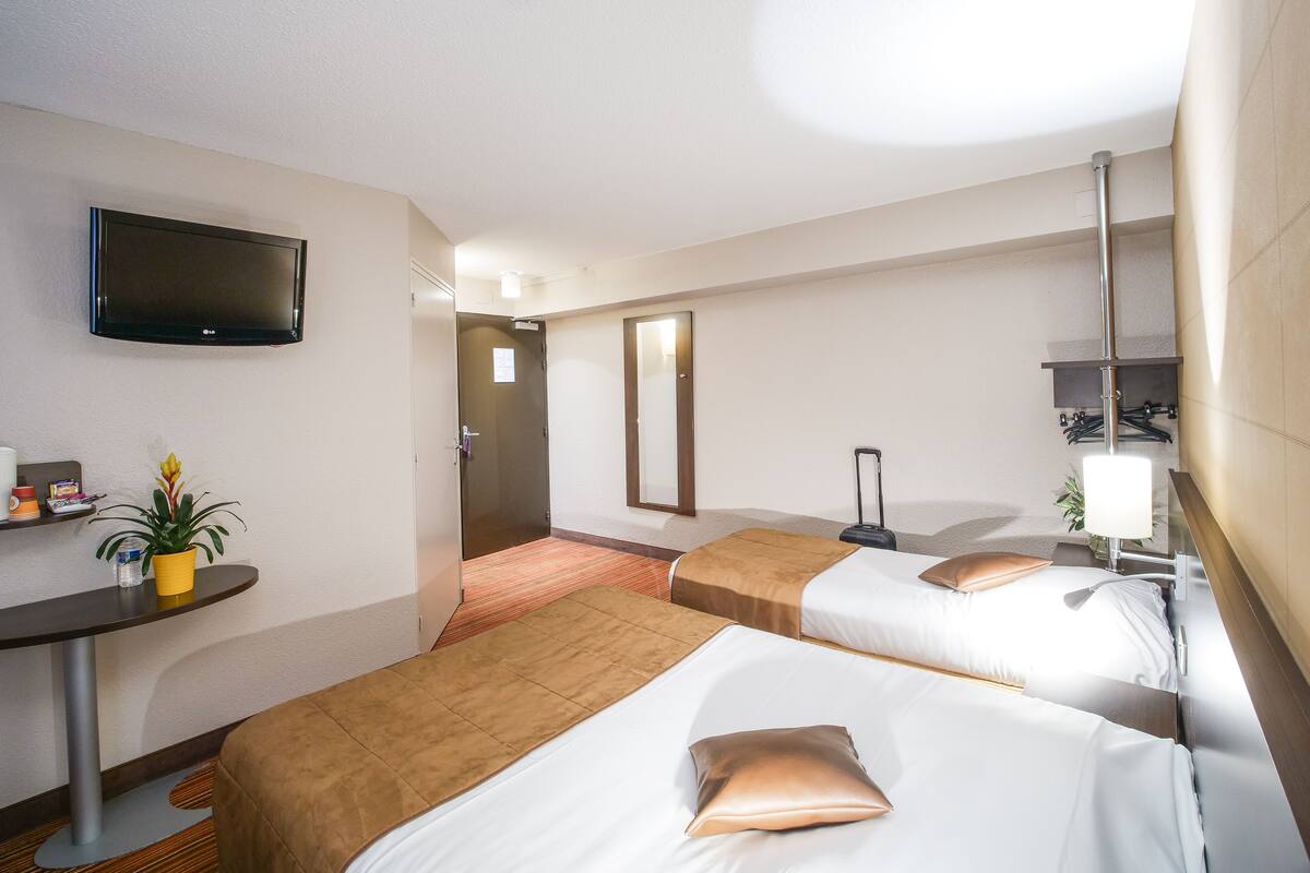 Quarto de hotel com duas camas, televisão, uma mesinha com uma planta e um espelho.