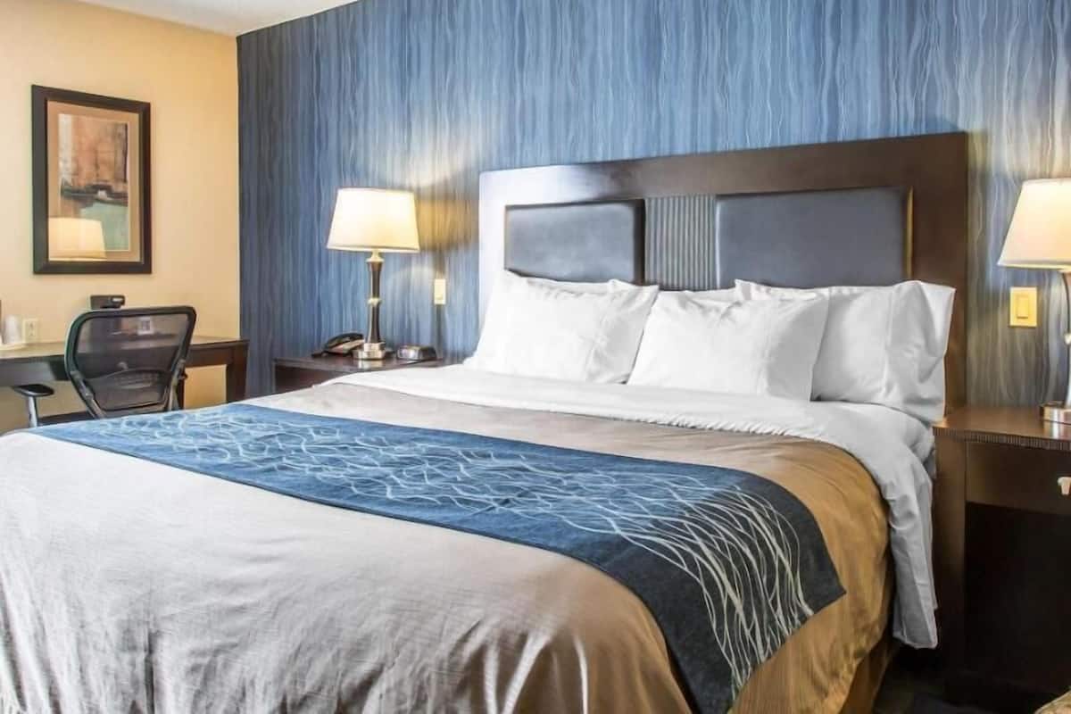 Quarto de hotel com uma cama grande, duas mesas de cabeceira com luminárias, uma escrivaninha com cadeira e um quadro na parede.