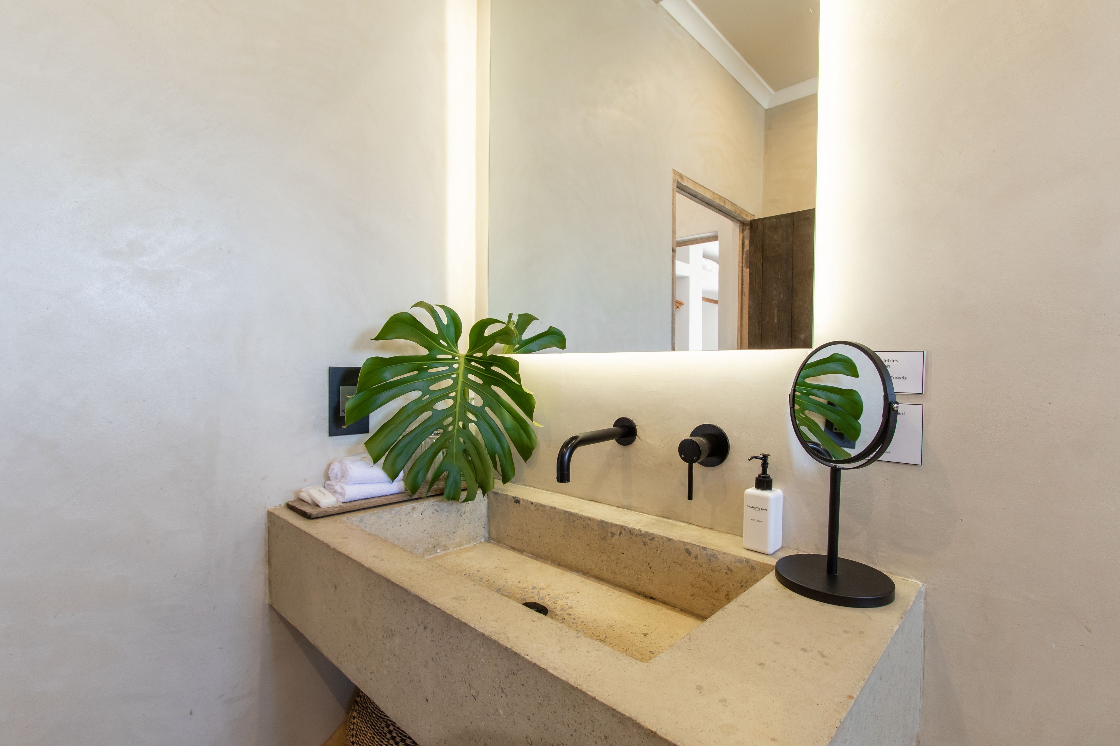 Casa de banho com lavatório bege, torneira preta, espelho e uma planta.