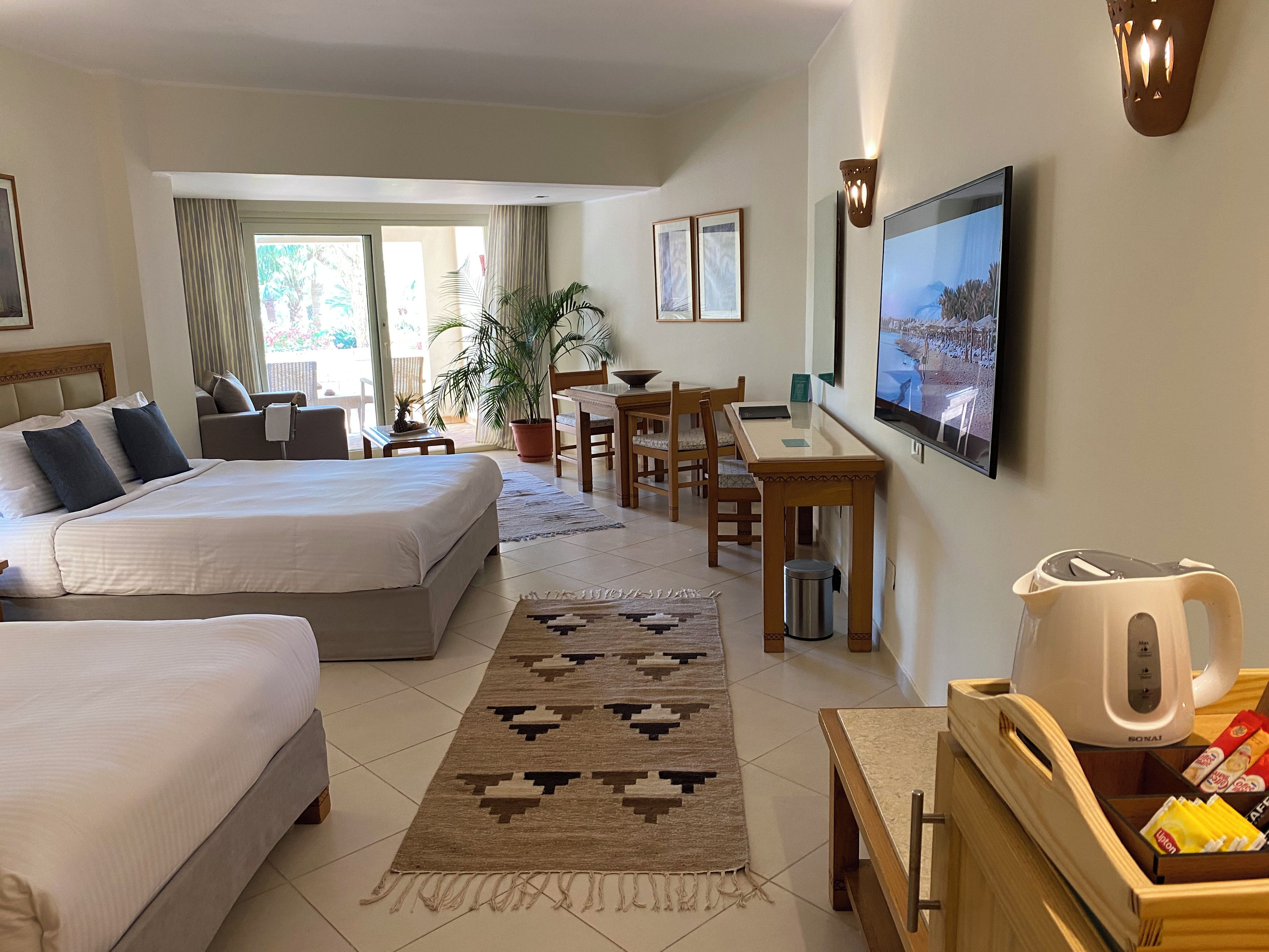 Quarto de hotel com cama, escrivaninha, cadeira, planta em vaso e televisão.