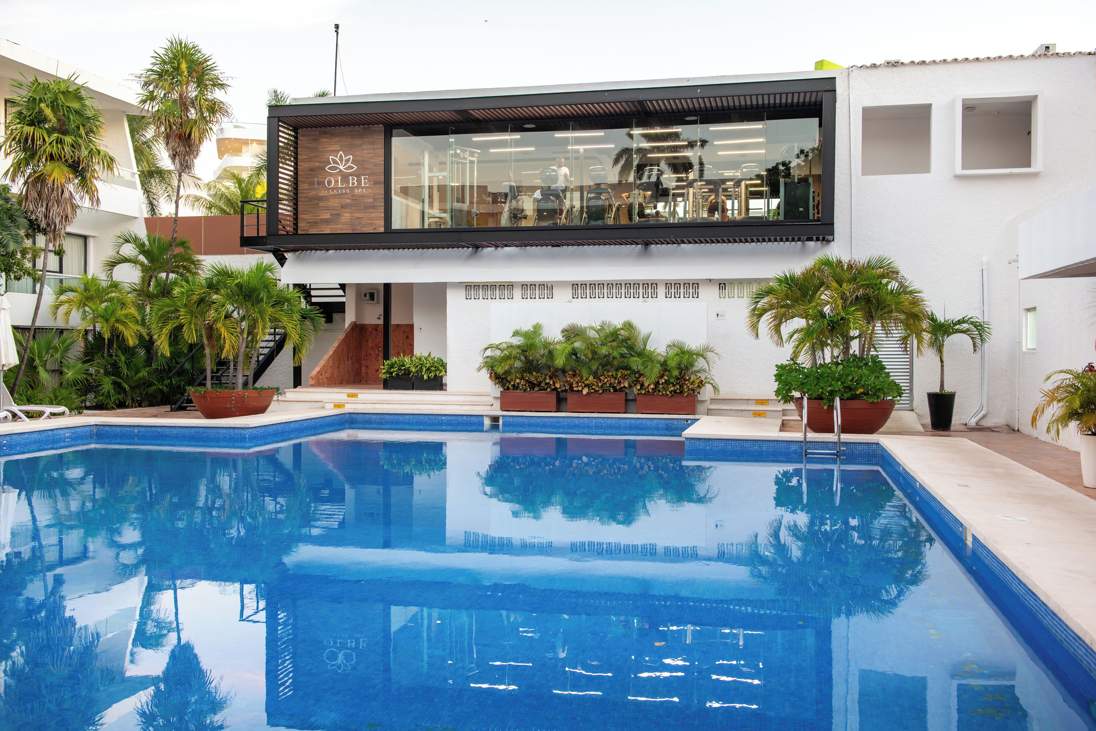 Um edifício moderno com fachada de vidro, piscina e palmeiras.