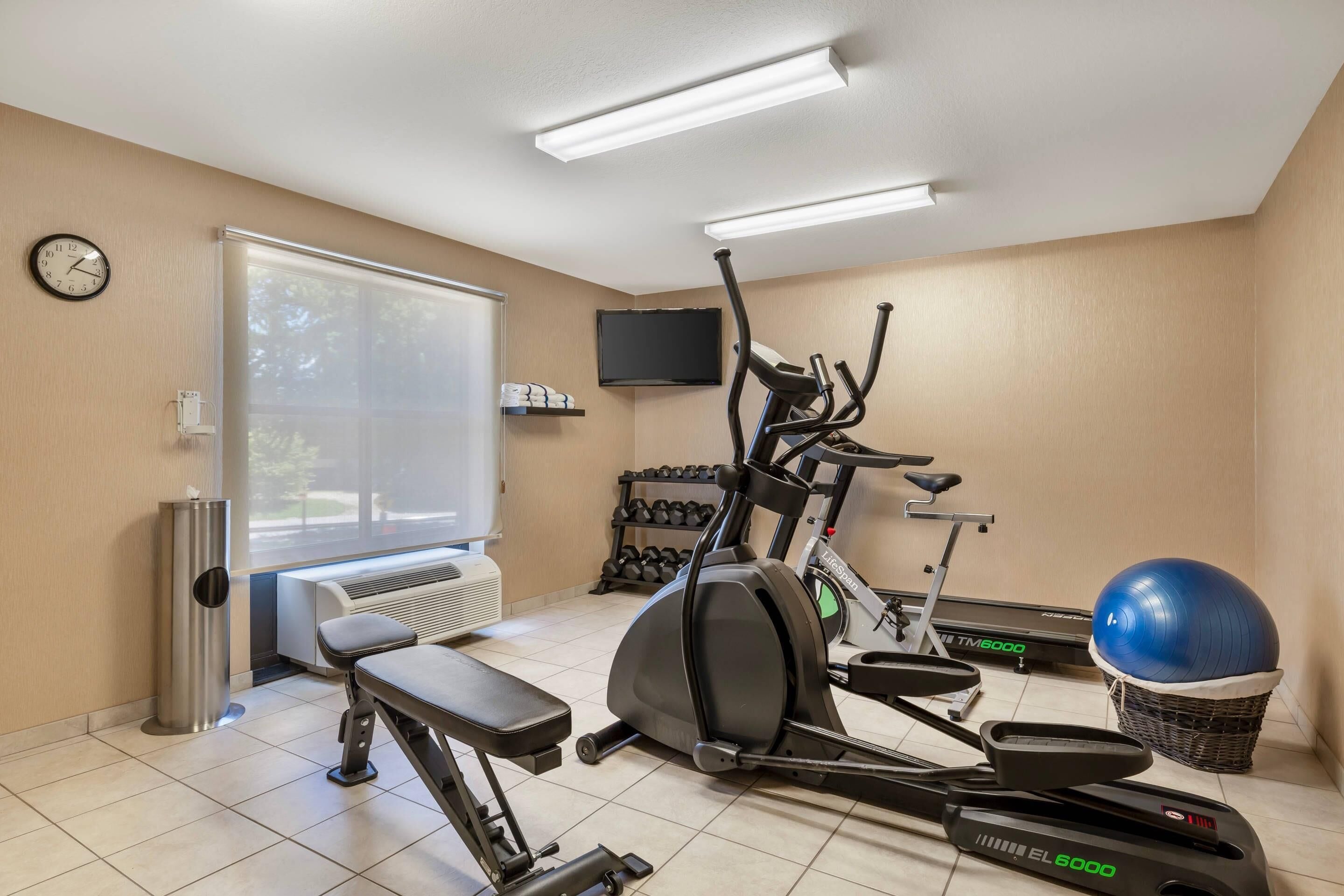 Uma academia com equipamentos de ginástica, incluindo uma elíptica, um banco e uma bicicleta ergométrica.