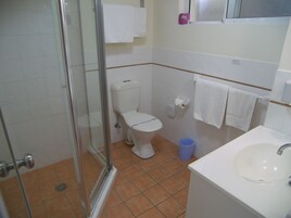 Casa de banho com cabine de chuveiro em vidro, sanita, lavatório e um caixote de lixo azul.