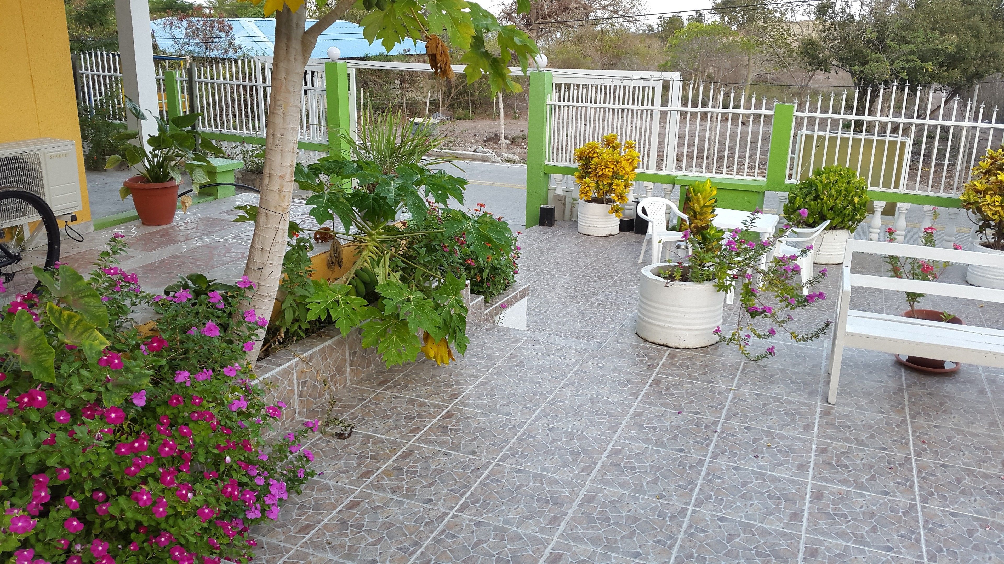 Uma área de pátio com plantas em vasos, um banco branco e piso de azulejos.