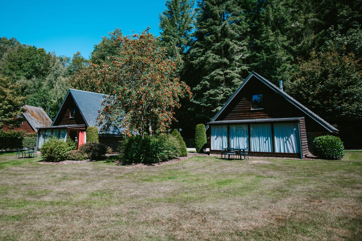 Duas cabanas com telhados inclinados, rodeadas por um espaço gramado e árvores densas.
