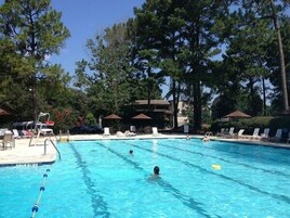 Piscina com espreguiçadeiras e guarda-sóis, cercada por árvores.