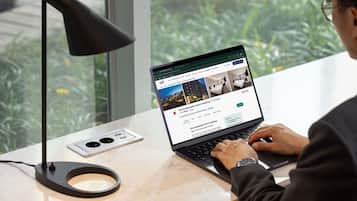 Alguém usando um laptop numa secretária com vista para o verde lá fora.