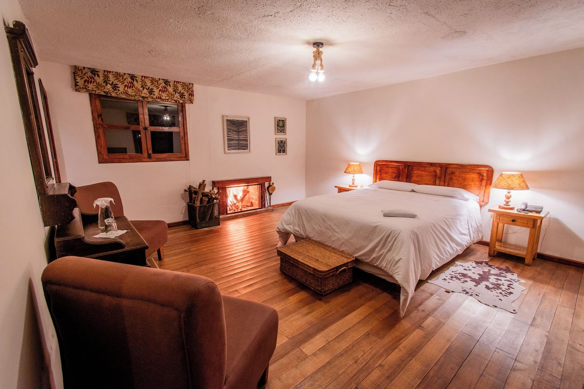 Quarto com piso de madeira, cama com roupa de cama branca, mesa de cabeceira com abajur, cadeira e lareira.