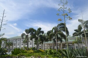 Um hotel com vários andares e telhado verde, rodeado por palmeiras e plantas tropicais.