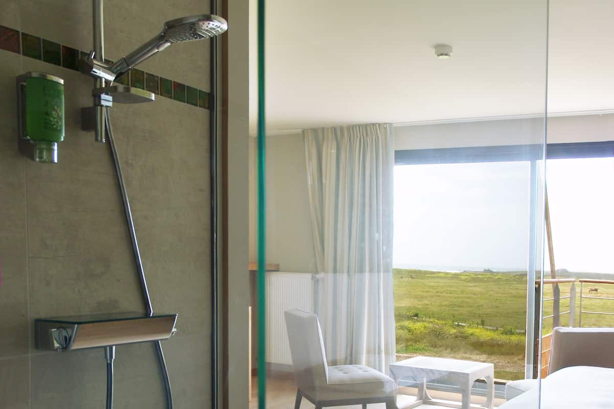 Quarto de hotel moderno com cabine de chuveiro de vidro, uma cama, uma cadeira e vista para o exterior.