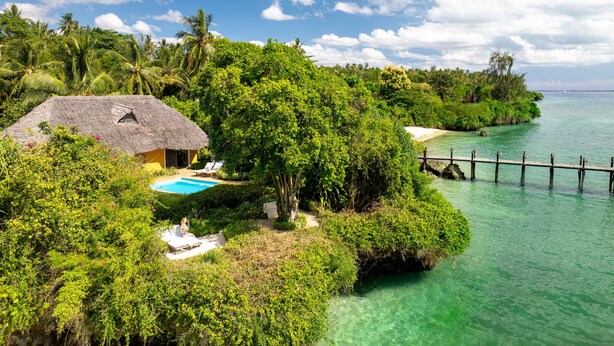 Casa com telhado de palha, piscina, vegetação exuberante e mar azul-turquesa.