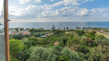 Paisagem costeira com vista para o mar, vegetação densa e edifícios dispersos.