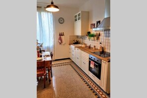 Apartamento, 1 quarto | Cozinha privada | Um frigorífico/congelador grande, um forno, uma placa de cozinha 