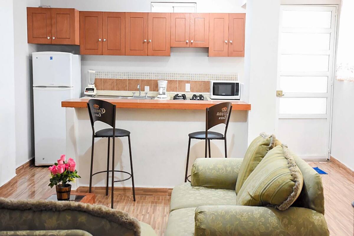 Cozinha compacta com armários de madeira, geladeira, micro-ondas e cafeteira. Há duas cadeiras e um sofá com almofada decorativa.