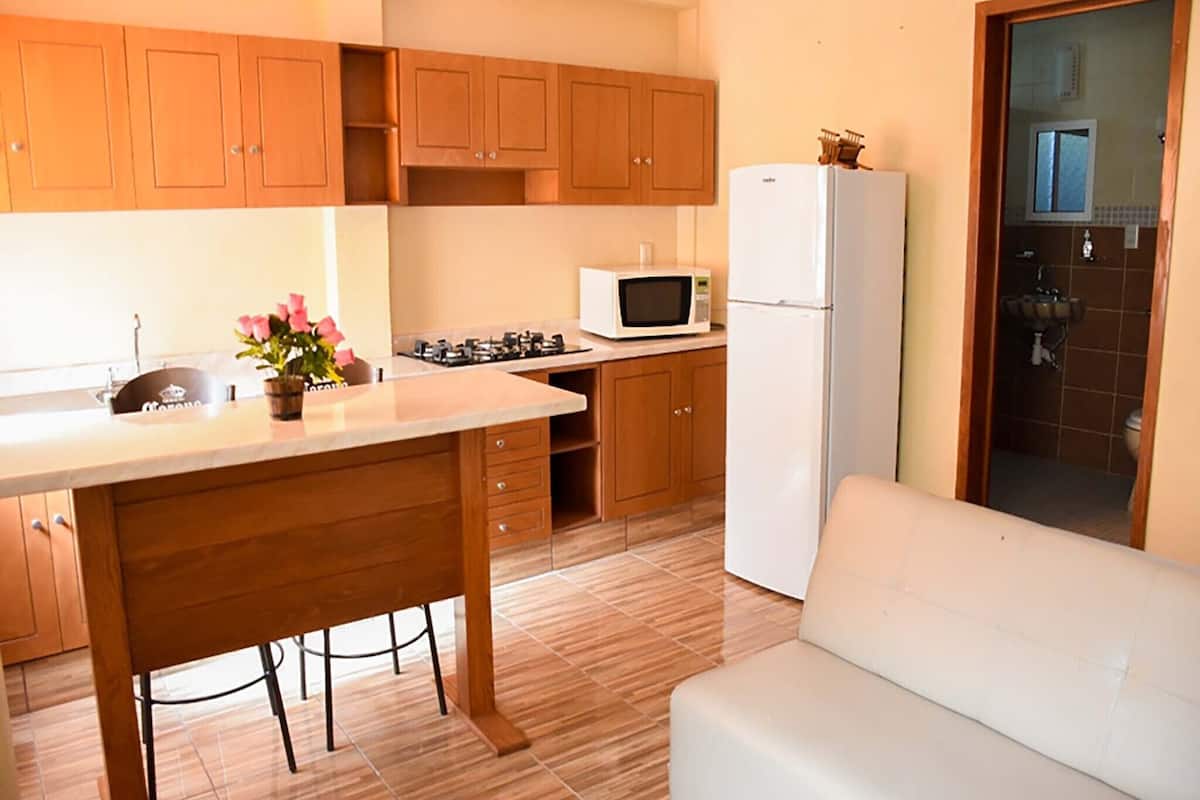 Cozinha compacta com armários de madeira, geladeira branca, micro-ondas e pia.