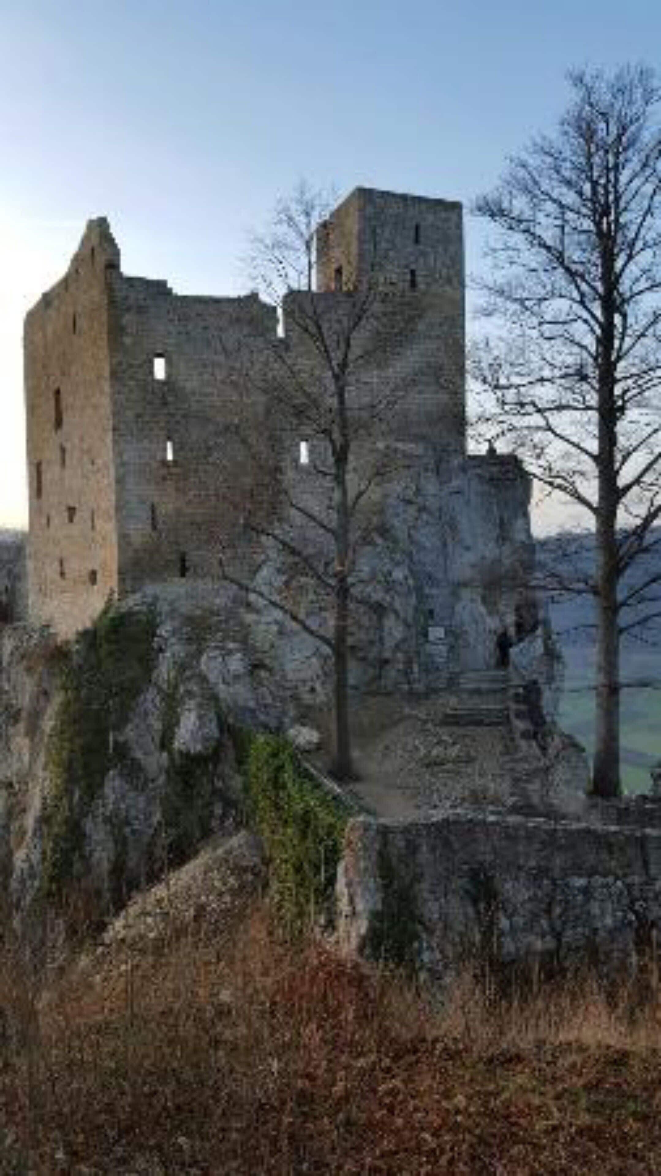 Um castelo de pedra histórico com uma grande torre, situado em um afloramento rochoso com vista ampla da paisagem ao redor.