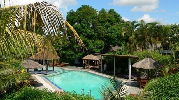 Uma piscina cercada por vegetação exuberante e estruturas com telhados de palha.