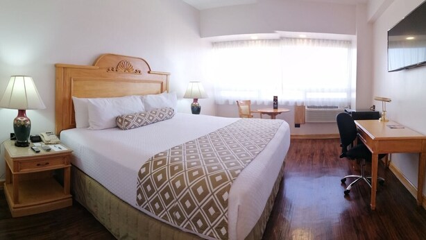 Quarto de hotel com cama, mesas de cabeceira, escrivaninha, cadeira e televisão.
