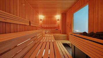 Uma sauna com bancos de madeira e uma janela grande.
