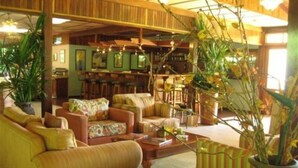 Uma sala de estar acolhedora com um sofá, poltronas e uma mesinha de centro. Há plantas em vasos e um espaço de bar ao fundo.