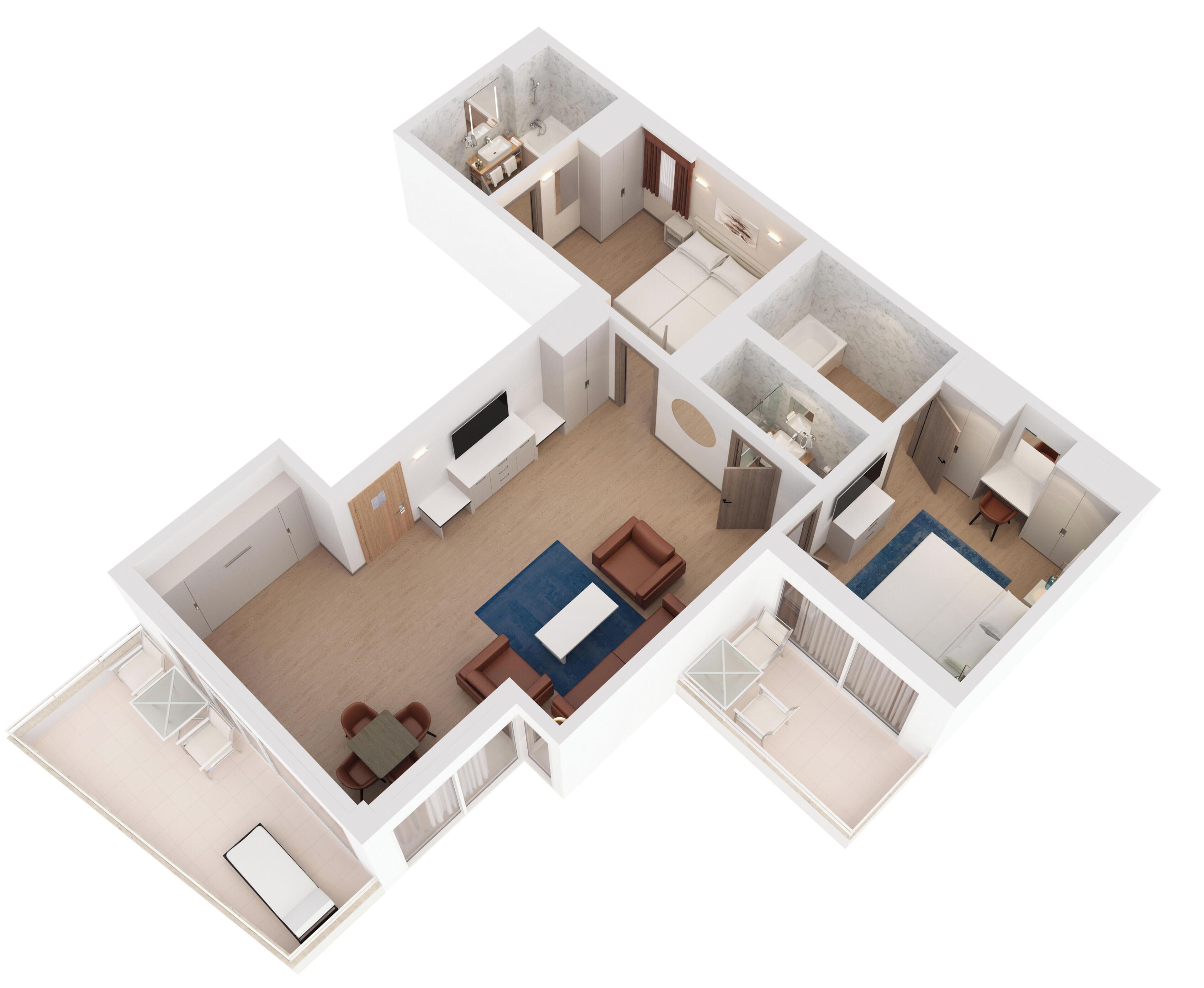 Planta baixa em 3D de um apartamento moderno com sala de estar, cozinha, dois quartos, um banheiro e uma varanda.