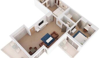 Planta baixa em 3D de um apartamento moderno com sala de estar, cozinha, dois quartos, um banheiro e uma varanda.