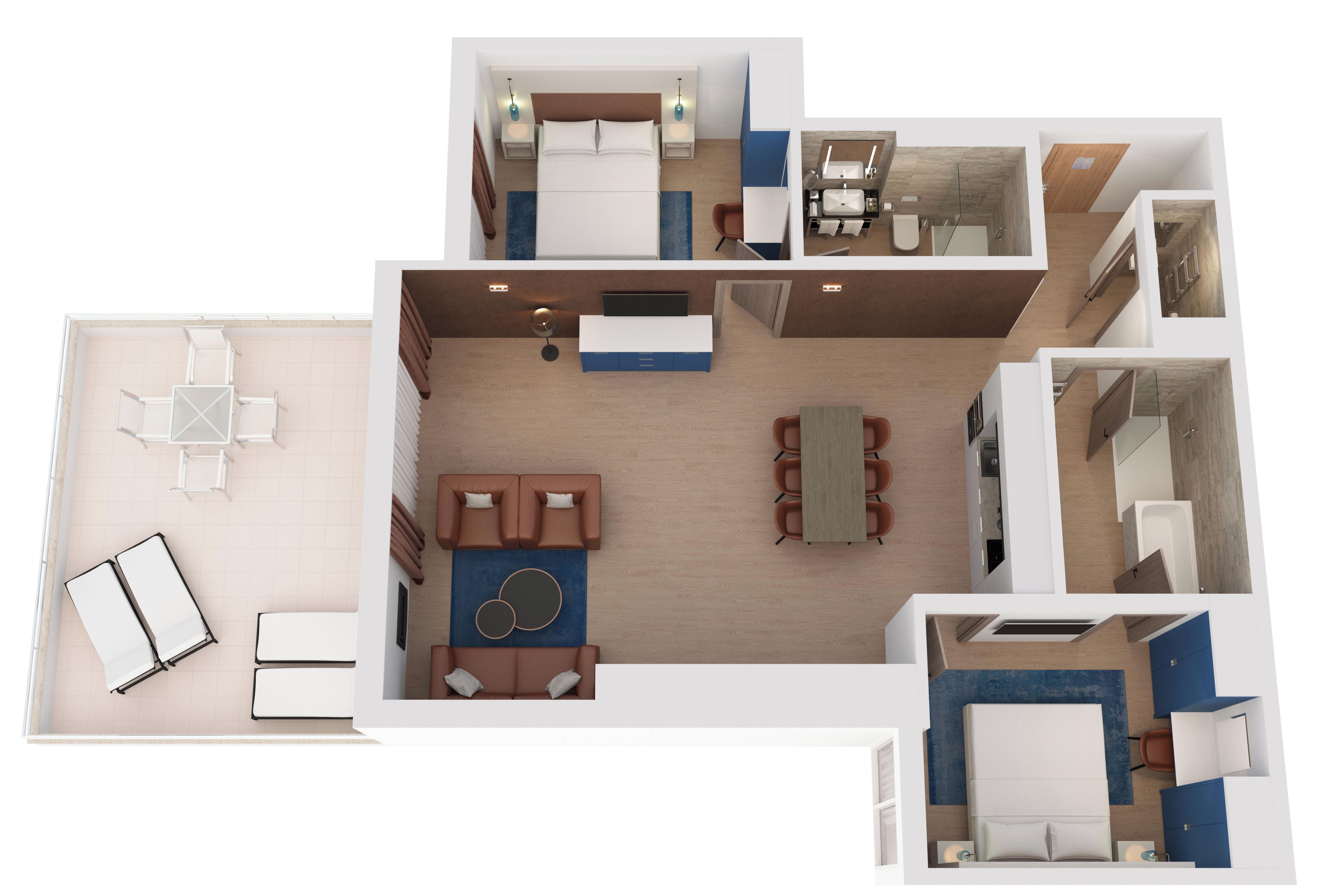 Disposição de quarto de hotel com cama, escrivaninha, cadeira e um pequeno espaço de refeições.
