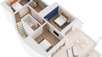 Planta baixa em 3D de um apartamento moderno com dois quartos, um banheiro, sala de estar com sofá e mesa de jantar, e varanda.