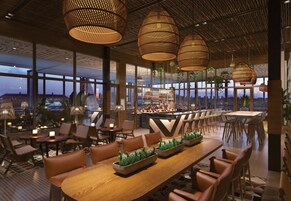 Serviço de jantar, culinária latinoamericana, vistas para a piscina 