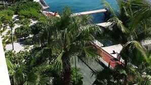 Marina com iates atracados, um cais que se estende sobre a água e uma área de praia com palmeiras.