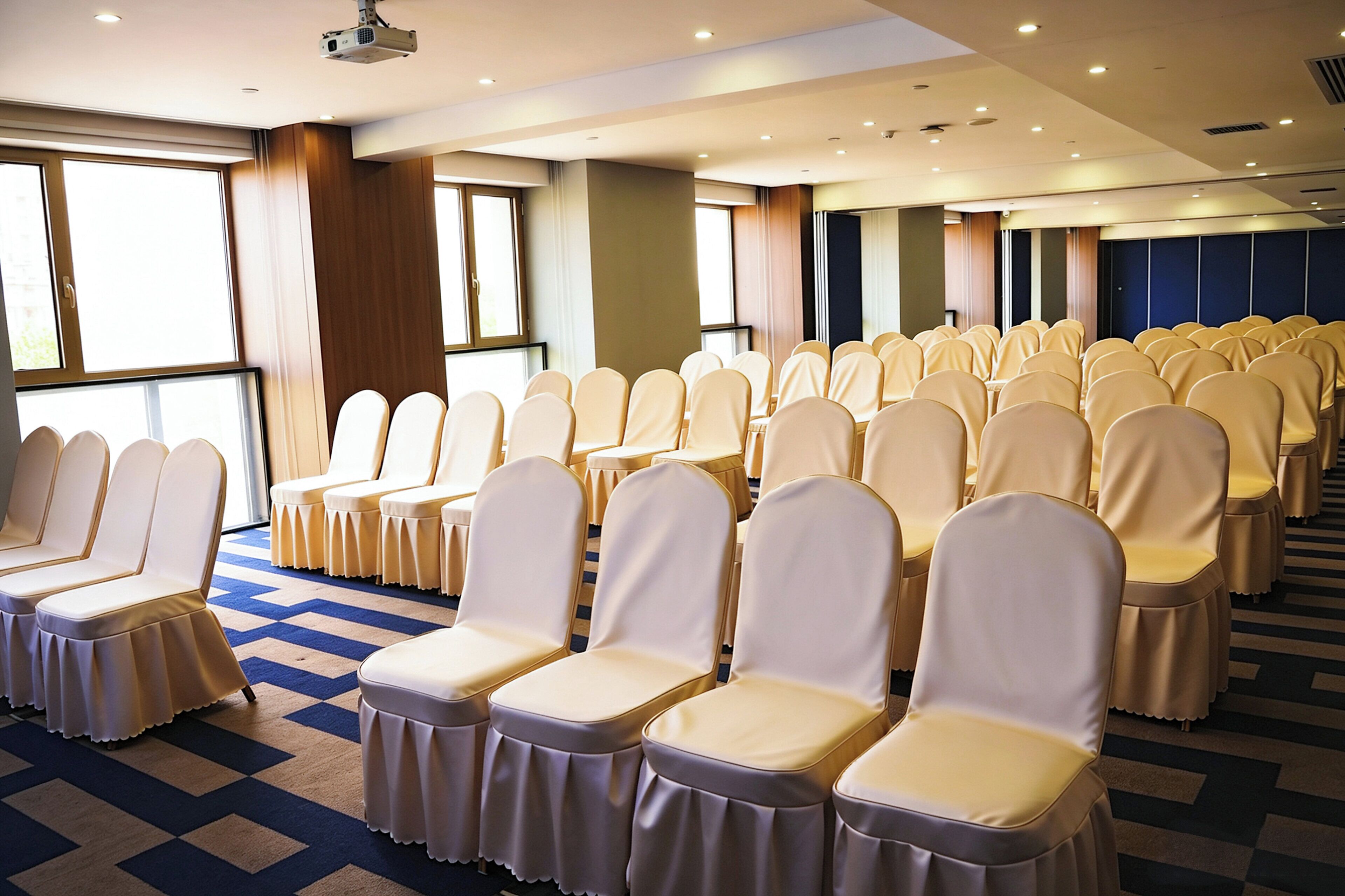 Uma sala de conferência com fileiras de cadeiras e mesas, janelas amplas e um projetor no teto.