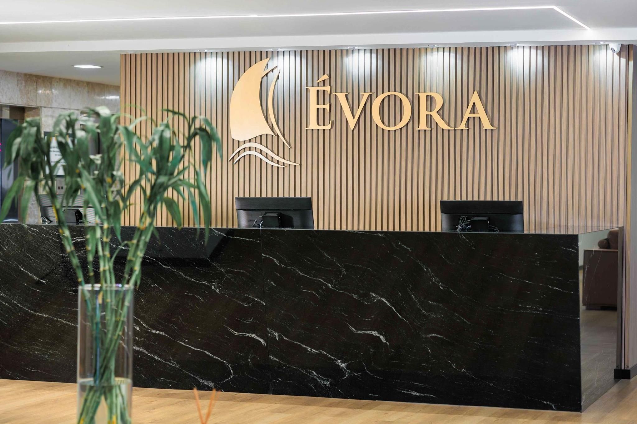 Um balcão de recepção com logotipo, uma planta e bancada de mármore.