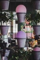 Um interior moderno com plantas suspensas, um mural e uma pessoa trabalhando em um laptop.