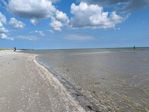 Uma praia com águas cristalinas e rasas, areal arenoso e um cais ao longe.