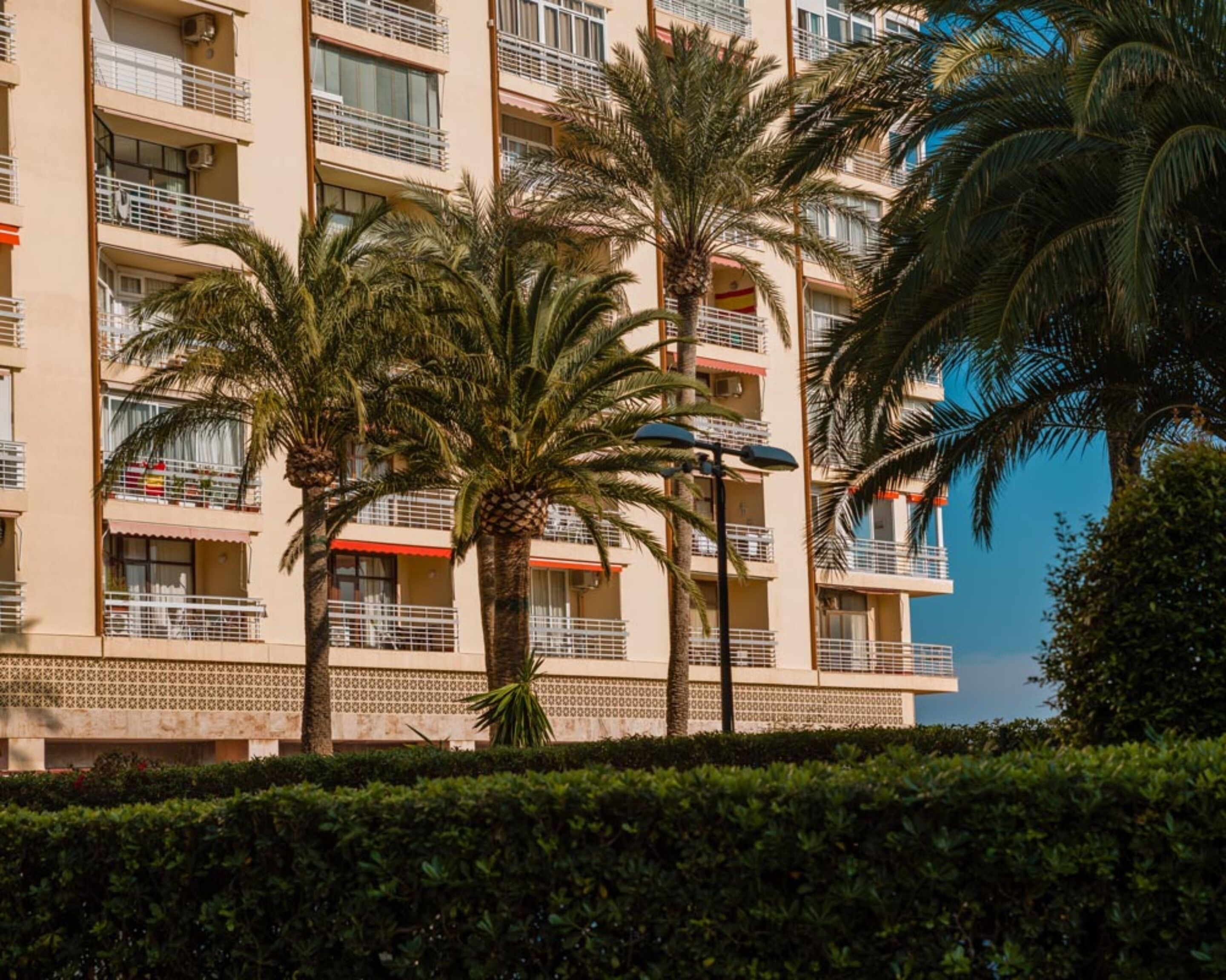 Um hotel com vários andares, varandas, palmeiras e um céu azul límpido.