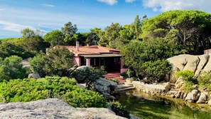 Uma casa com telhado vermelho, rodeada por vegetação e um pequeno lago.