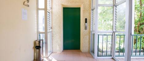 Corredor com porta verde, lixeira e janela com vista para área verde.
