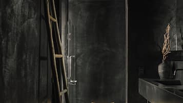 Um polibã e uma banheira separados, um secador de cabelo, chinelos